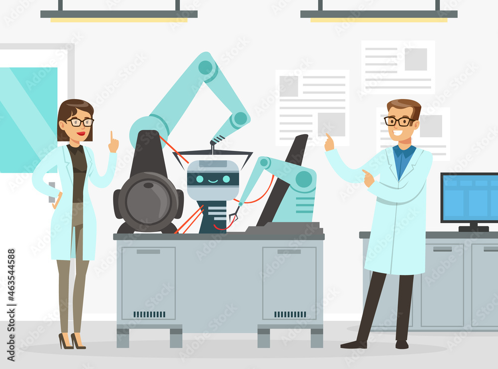 Man and Woman Scientist Conducting Experiment with Artificial ...
