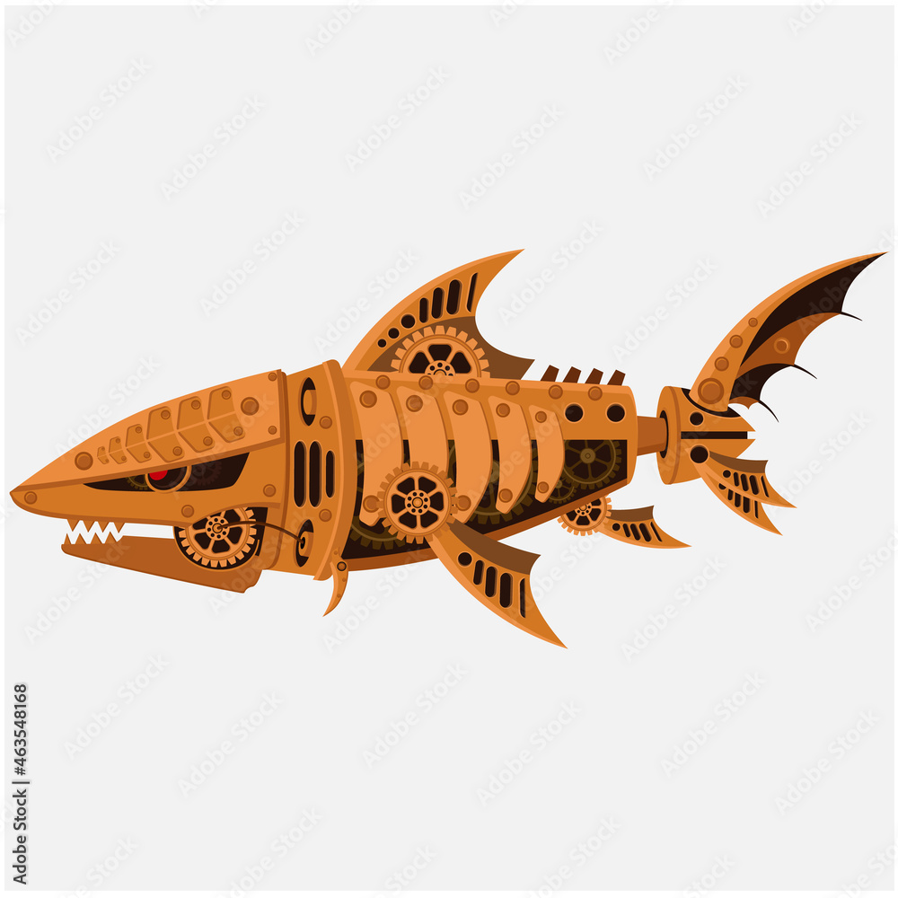 Mechanical shark in steampunk style. Vector illustration. Stock Vector ...