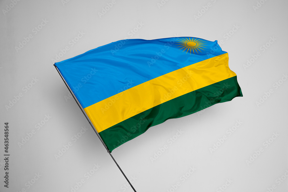 Rwanda flag isolated on white background. close up waving flag of ...