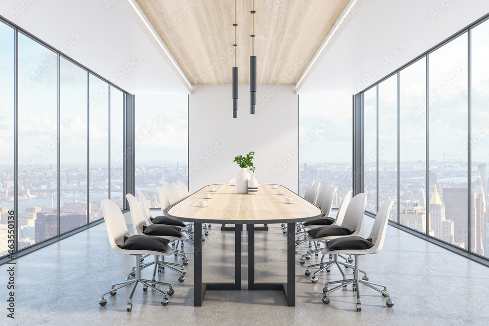 Modern wooden and concrete meeting room interior with panoramic city ...