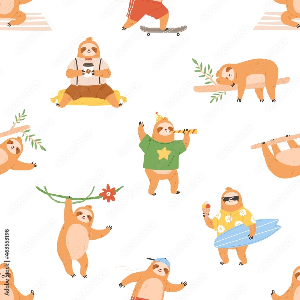 Seamless pattern with cute sloths. Repeating background with lazy funny ...