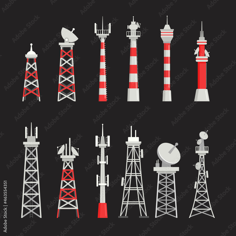 Set of Telecommunication Towers, Radio Masts, Communication Satellite Signal Transmitters ...