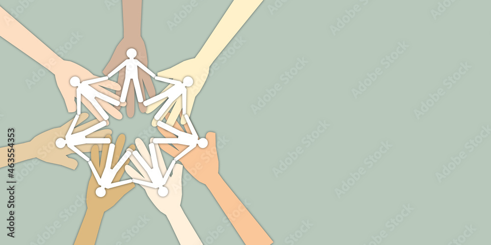 Paper people stacking hands shows unity and teamwork on Group of hands ...
