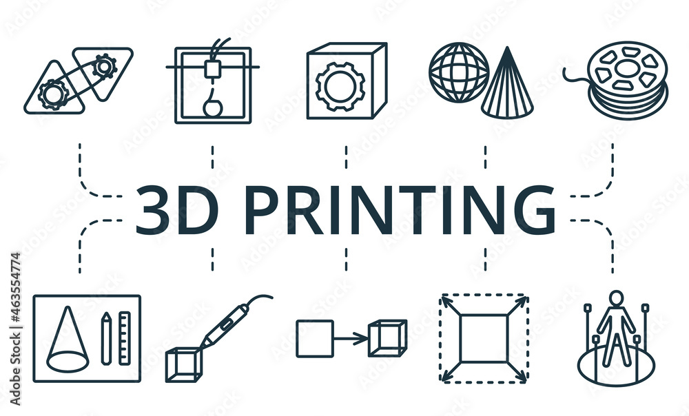 3D Printing icon set. Collection contain filament, model, setting ...