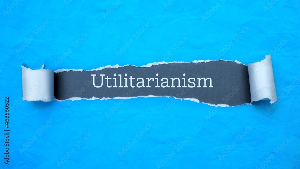 Utilitarianism. Blue torn paper banner with text label. Word in gray ...