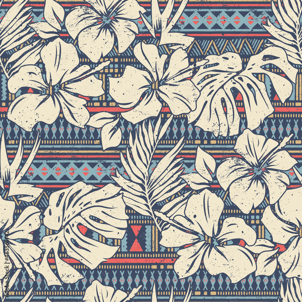 Grunge hibiscus flowers with Hawaiian tapa tribal motifs background ...