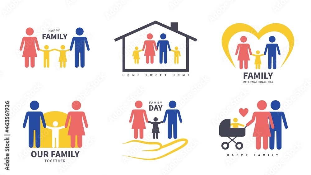 Family labels. Happy mother, father and children emblems, kids with ...