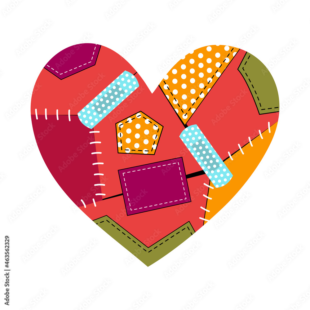Fixing broken heart with plaster bandage and sewing patches in flat ...