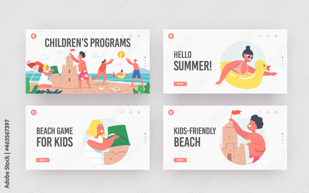 Happy Kids on Vacation Landing Page Template Set. Children Characters ...