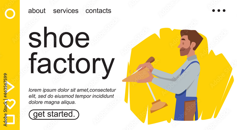 Shoe factory cartoon vector landing. Bearded man Shoe Maker Making Shoe ...