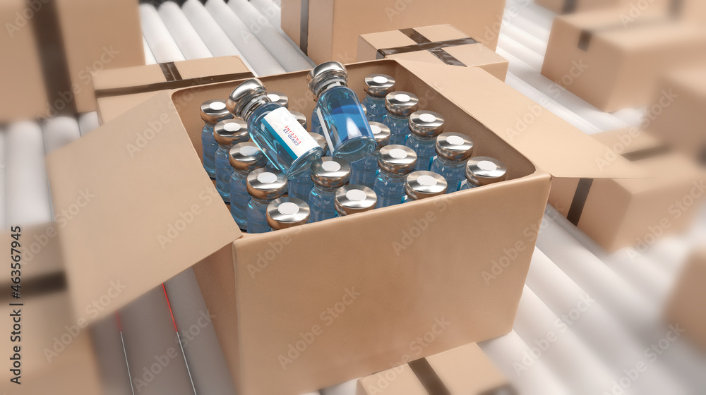 Covid19 Coronavirus vaccination bottles in package on conveyor belts ...