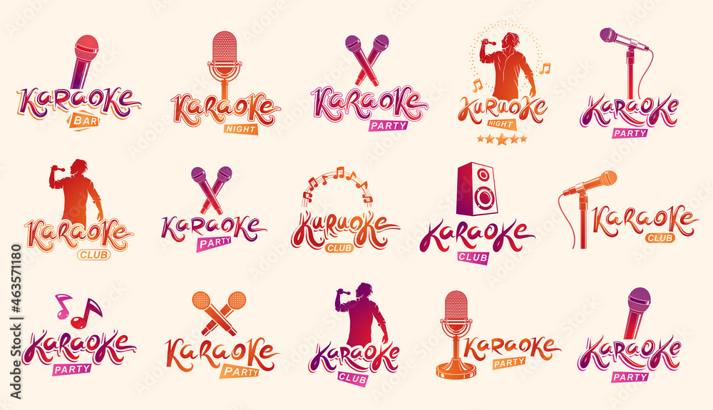 Karaoke party or club logos and emblems vector set isolated, singing ...