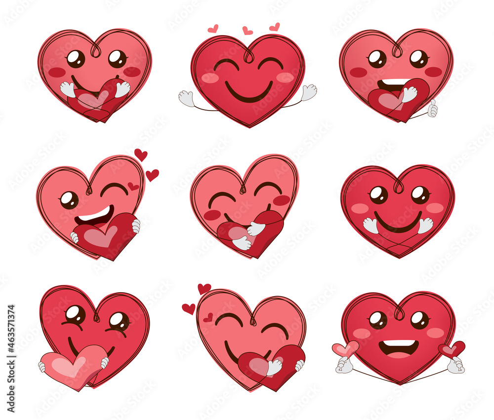 Emoji care smileys vector set. Emoticon valentines heart characters ...