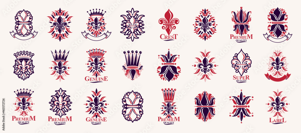Heraldic Coat of Arms with Lily Flower and crowns symbol vector big set ...