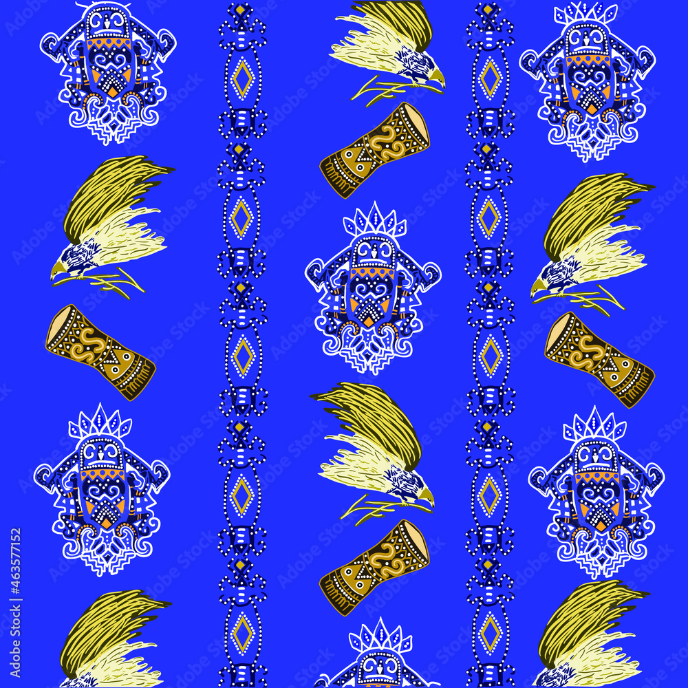 Papua blue batik with bird of paradise pattern, tifa musical instrument ...