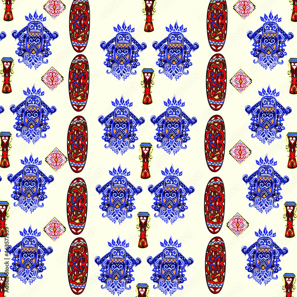 Beautiful colorful batik motif with tifa musical instrument pattern and ...