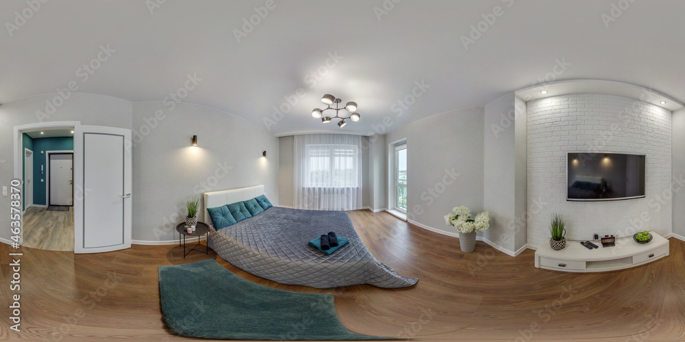 360 hdri panorama view in interior of modern luxury bedroom in studio ...