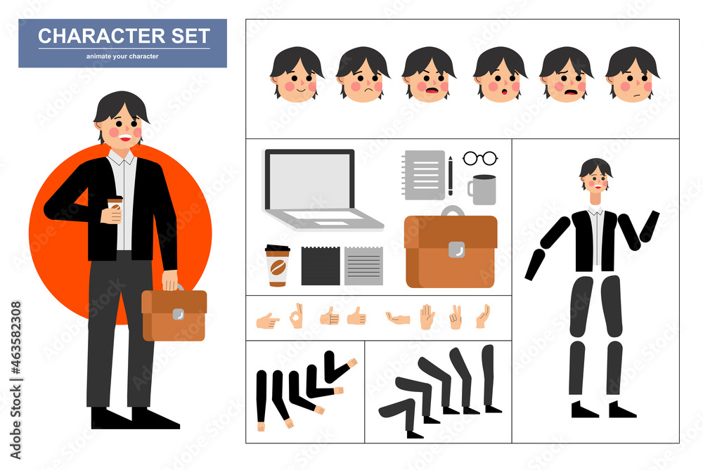 3\4 view animated characters. Office man character constructor with ...
