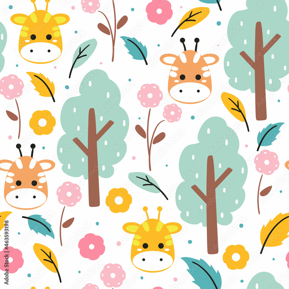 Photo Art Print Seamless pattern with cute cartoon animal and plant for fabric print textile gift wrapping paper SSOMESSOMI