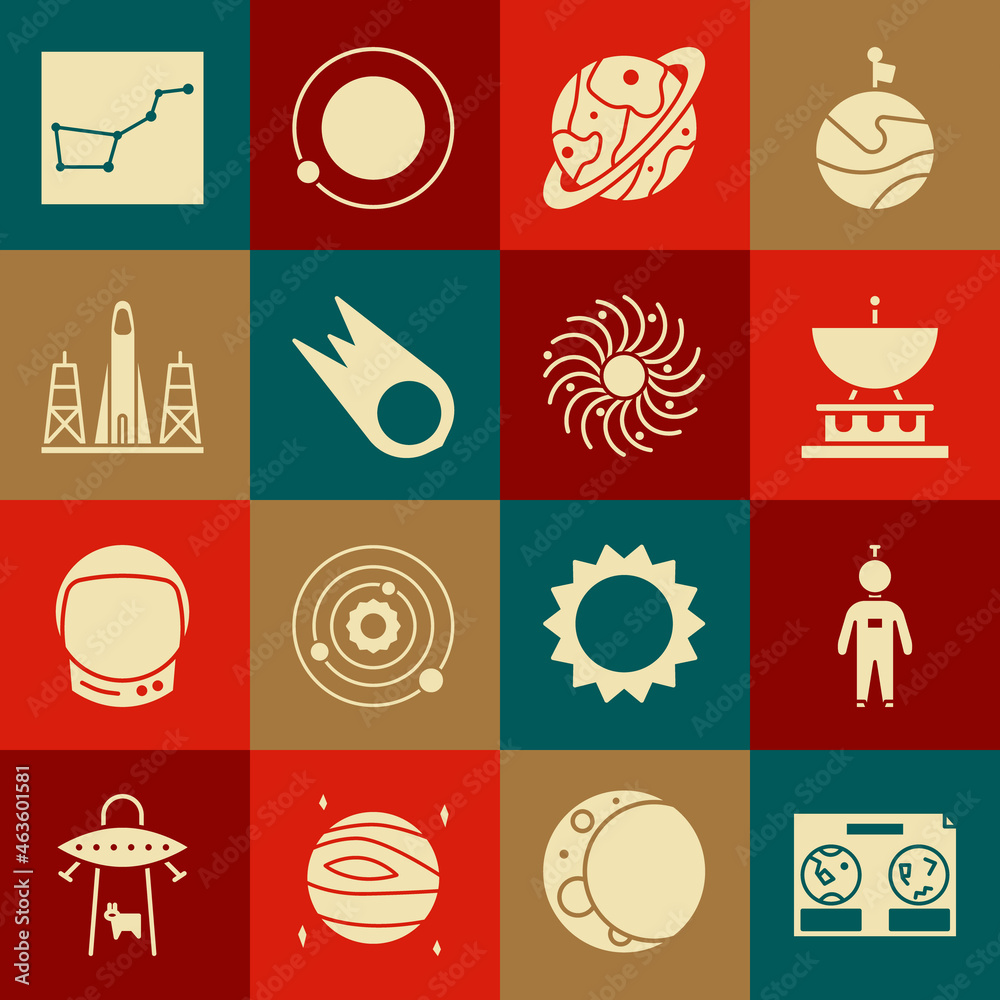 Set Celestial map of the night sky, Astronaut, Satellite dish, Planet ...