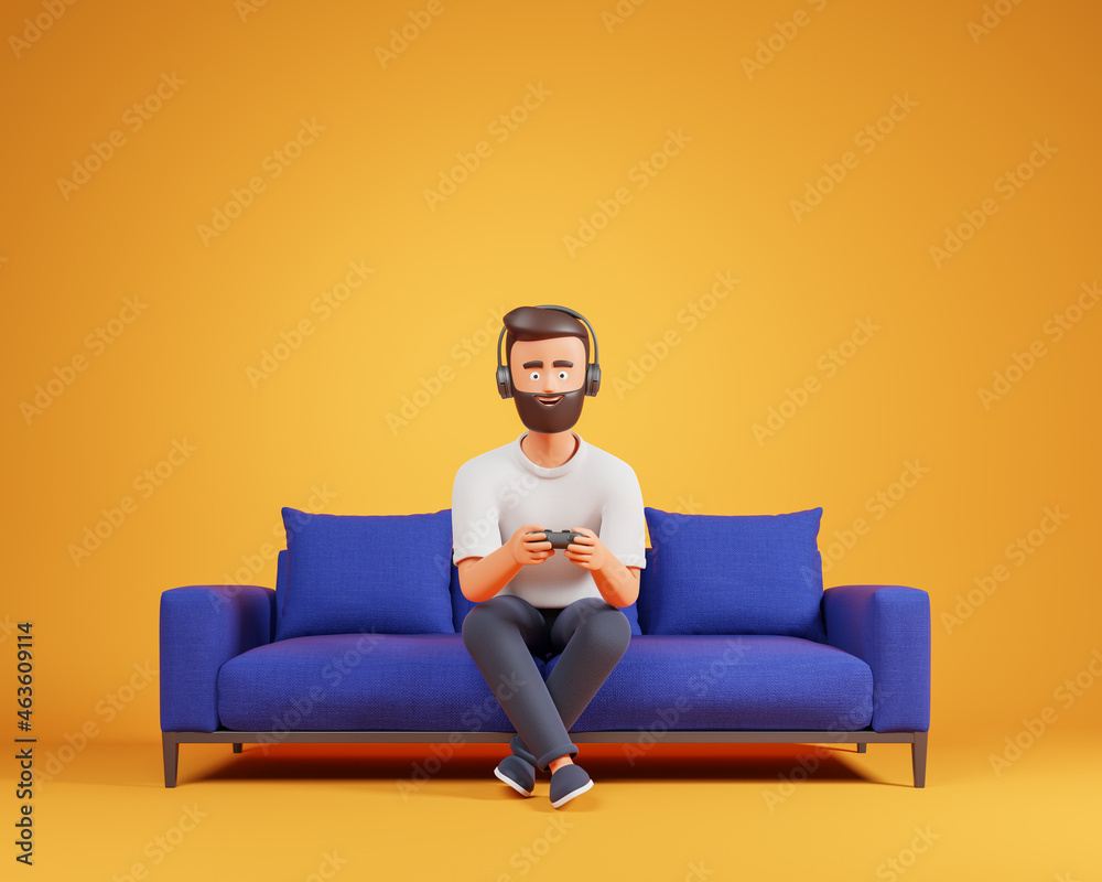 Happy beard cartoon character man play video game with gamepad on blue ...