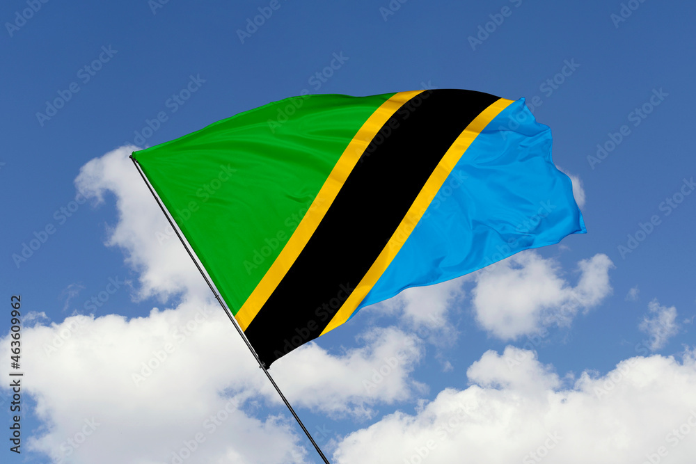 Tanzania flag isolated on the blue sky background. close up waving flag ...