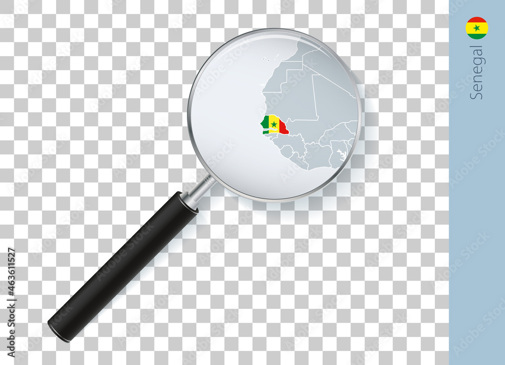 Senegal map with flag in magnifying glass on transparent background. Stock Vector | Adobe Stock