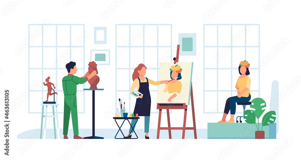 Artist workshop. Creative workspace. Art class. Model poses for painter ...
