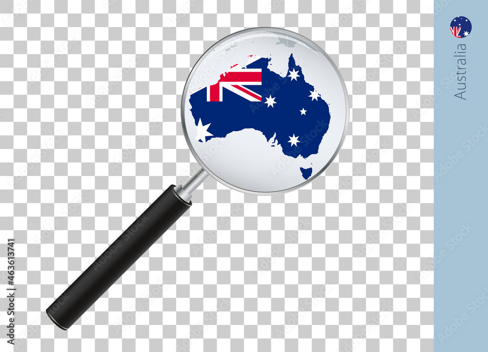 Australia map with flag in magnifying glass on transparent background ...