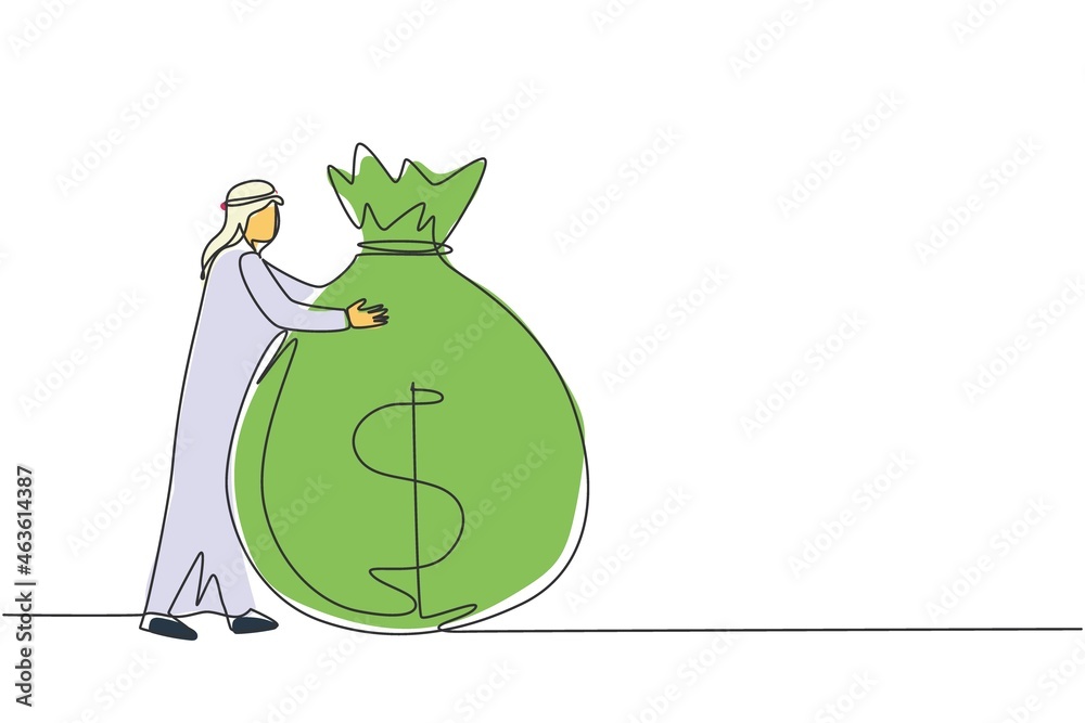 Single one line drawing Arab businessman hugging big money bag ...