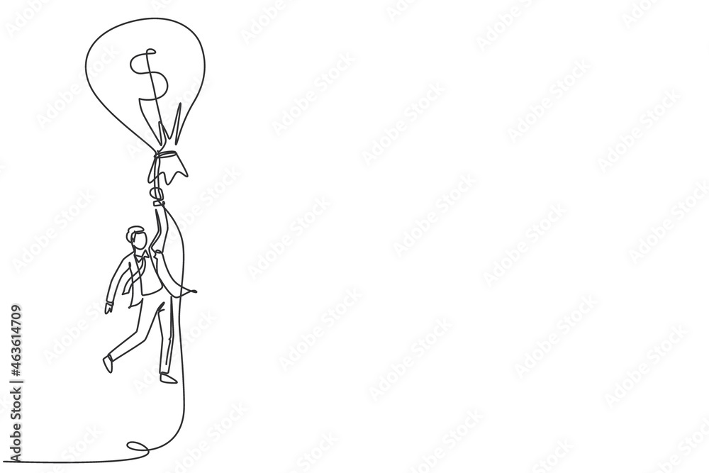 Single continuous line drawing businessman flying with money bag dollar ...