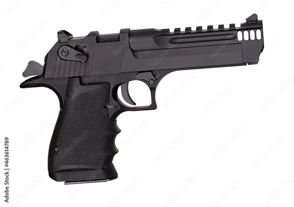 Profile view of a large semi automatic pistol with a rail on the slide ...