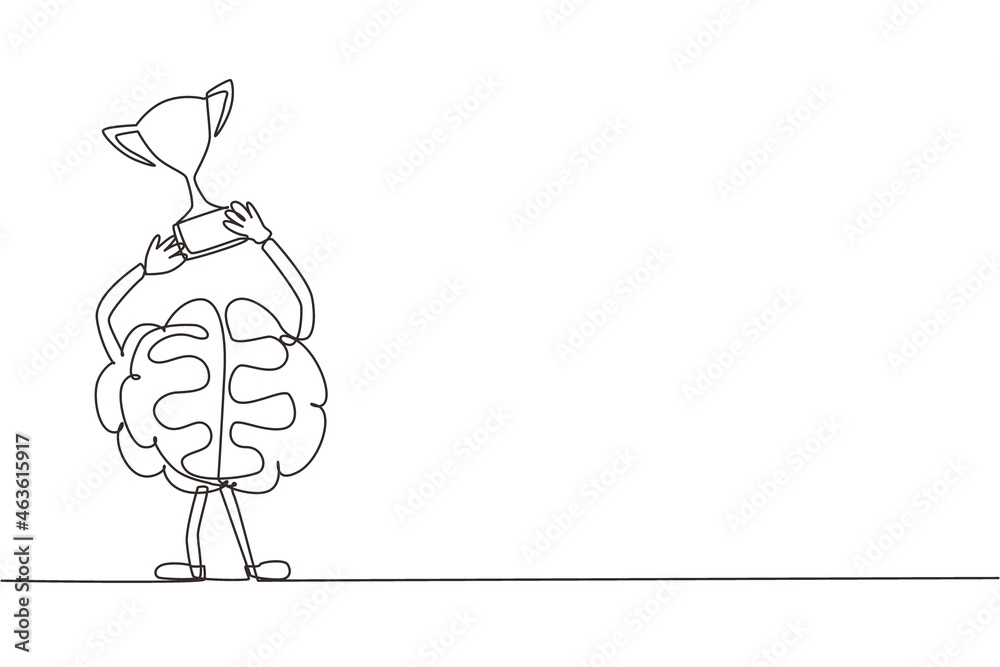Single continuous line drawing brain with cup of the winner is on ...