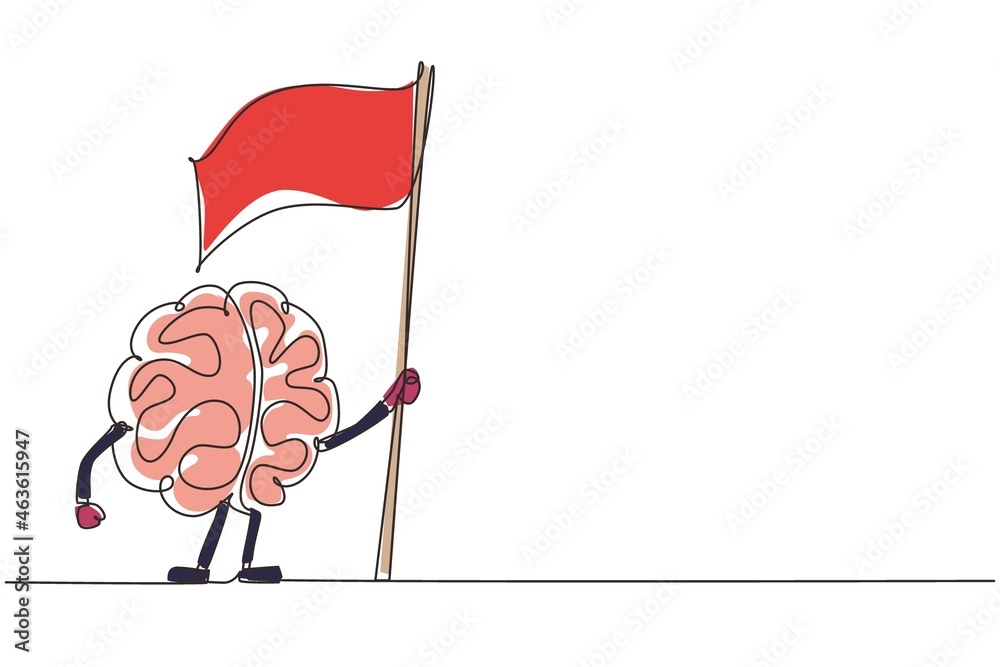 Single one line drawing cartoon brain standing with flag, funny human ...