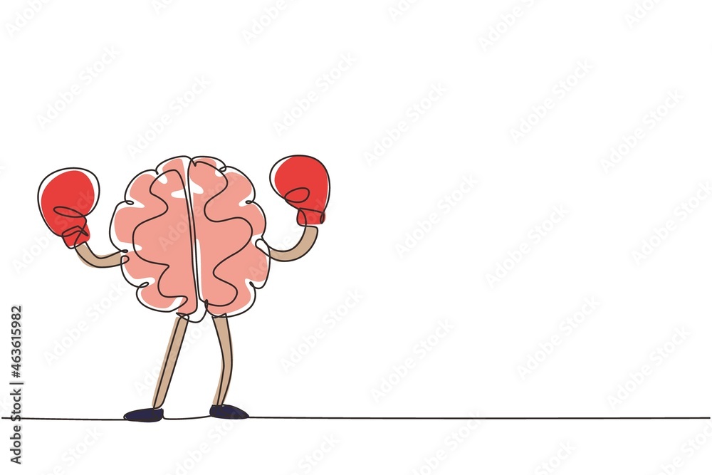 Continuous one line drawing brain with boxing gloves celebrating ...