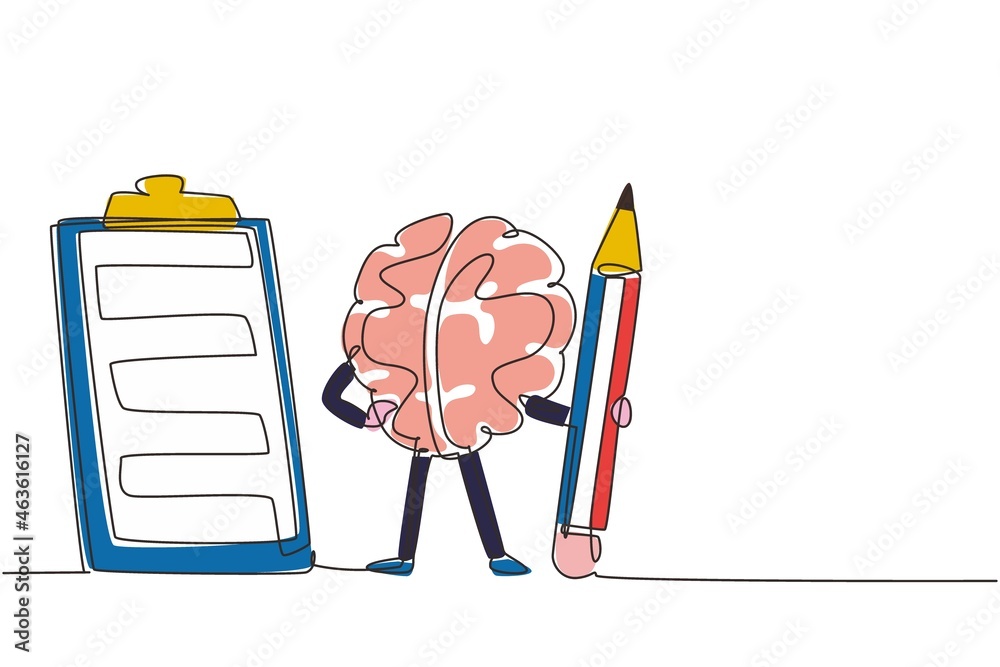 Continuous one line drawing brainy student human brain cartoon ...