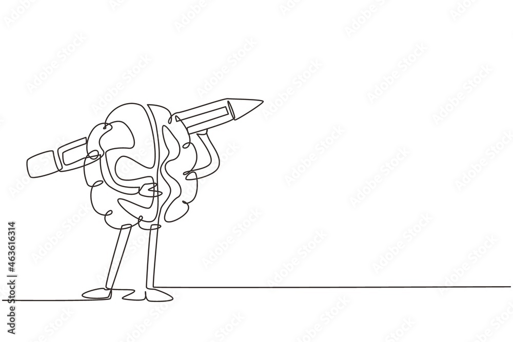 Continuous one line drawing brainy student human brain character with ...