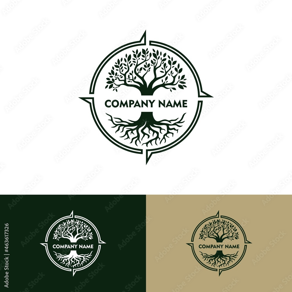 Abstract green tree and creative compass with roots vector logo design ...