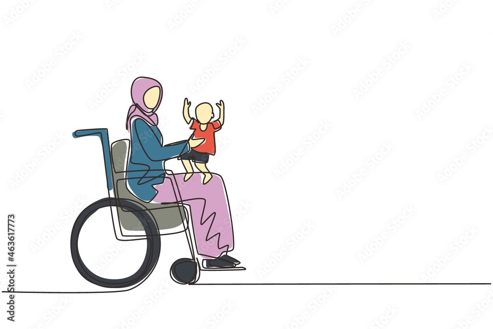 Single one line drawing happy disabled mother with her child ...