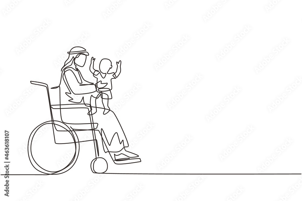 Single one line drawing happy disabled father with his child ...