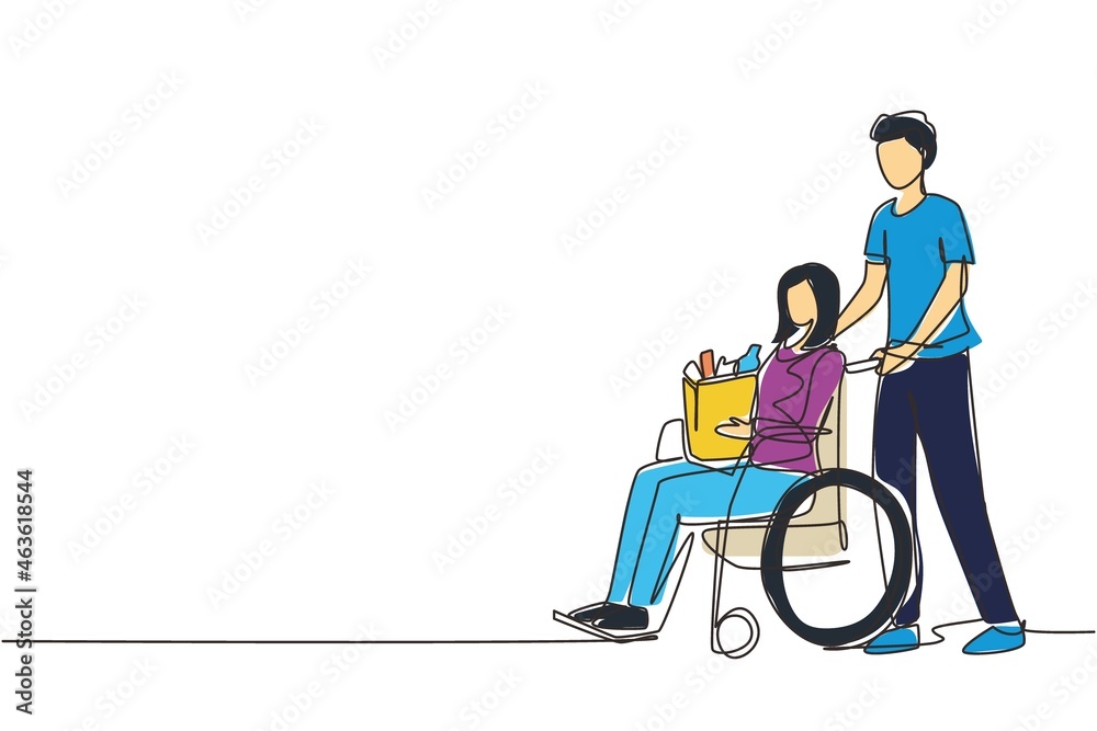Single one line drawing young man supporting and caring disabled old ...