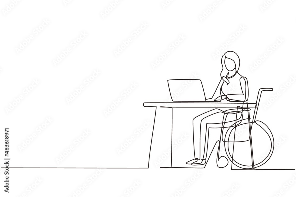 Single continuous line drawing young woman uses wheelchair, working ...