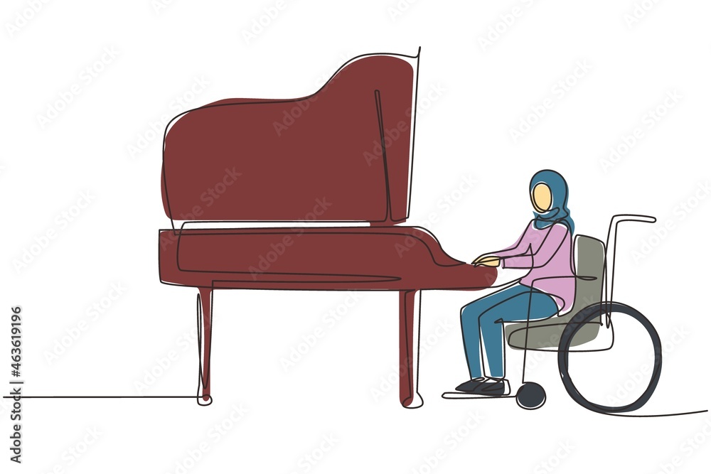 Continuous one line drawing disabled young Arab woman in wheelchair ...