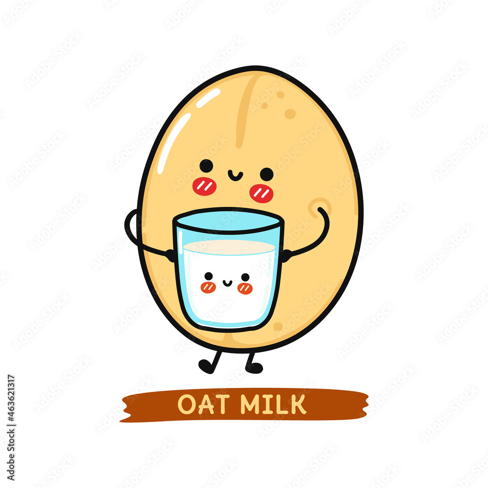 Cute, funny happy glass of milk and oat character. Oat milk. Vector ...