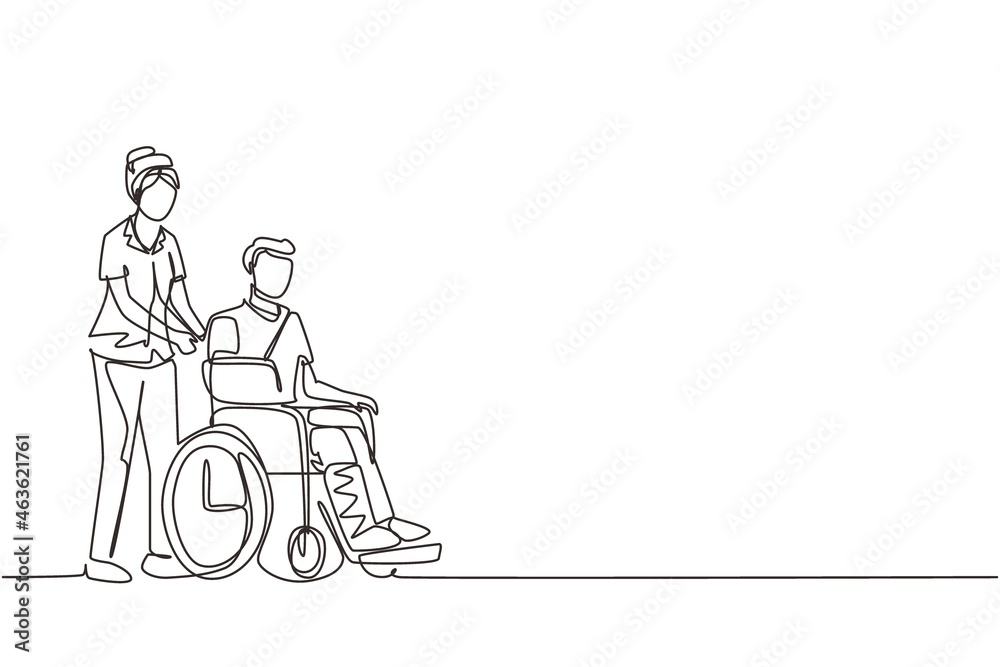 Continuous one line drawing disabled male with broken hand, leg riding ...