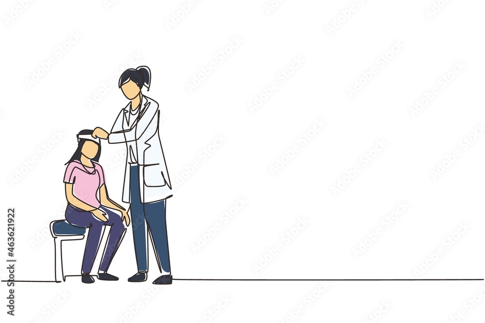 Single one line drawing doctor bandaging head of injured woman ...