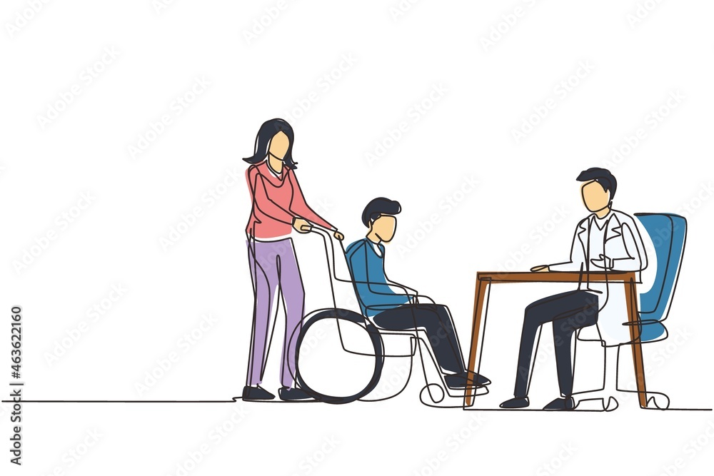 Single continuous line drawing doctor and patient. Practitioner doctor ...