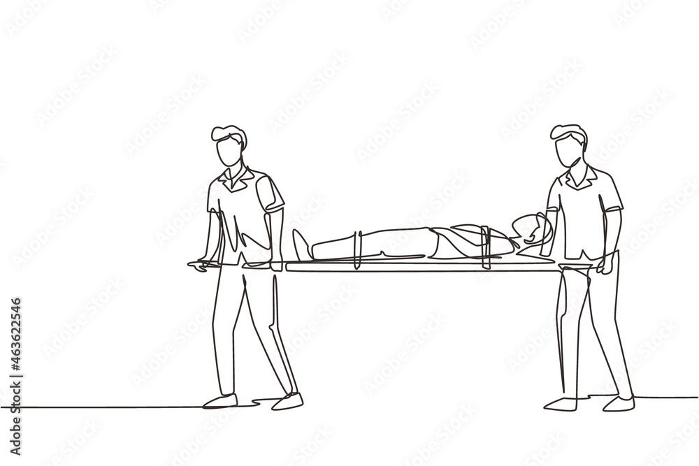 Single one line drawing ambulance emergency medical service. staff is ...