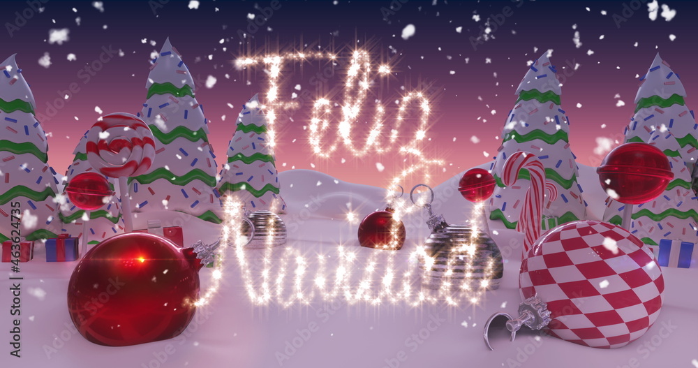 Image Of Feliz Navidad Written In Shiny Letter On Snowy Landscape With image-of-feliz-navidad-written-in-shiny-letter-on-snowy-landscape-with