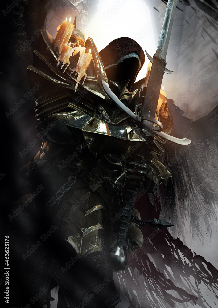 A sinister angel of death in heavy plate armor stands in the middle of ...